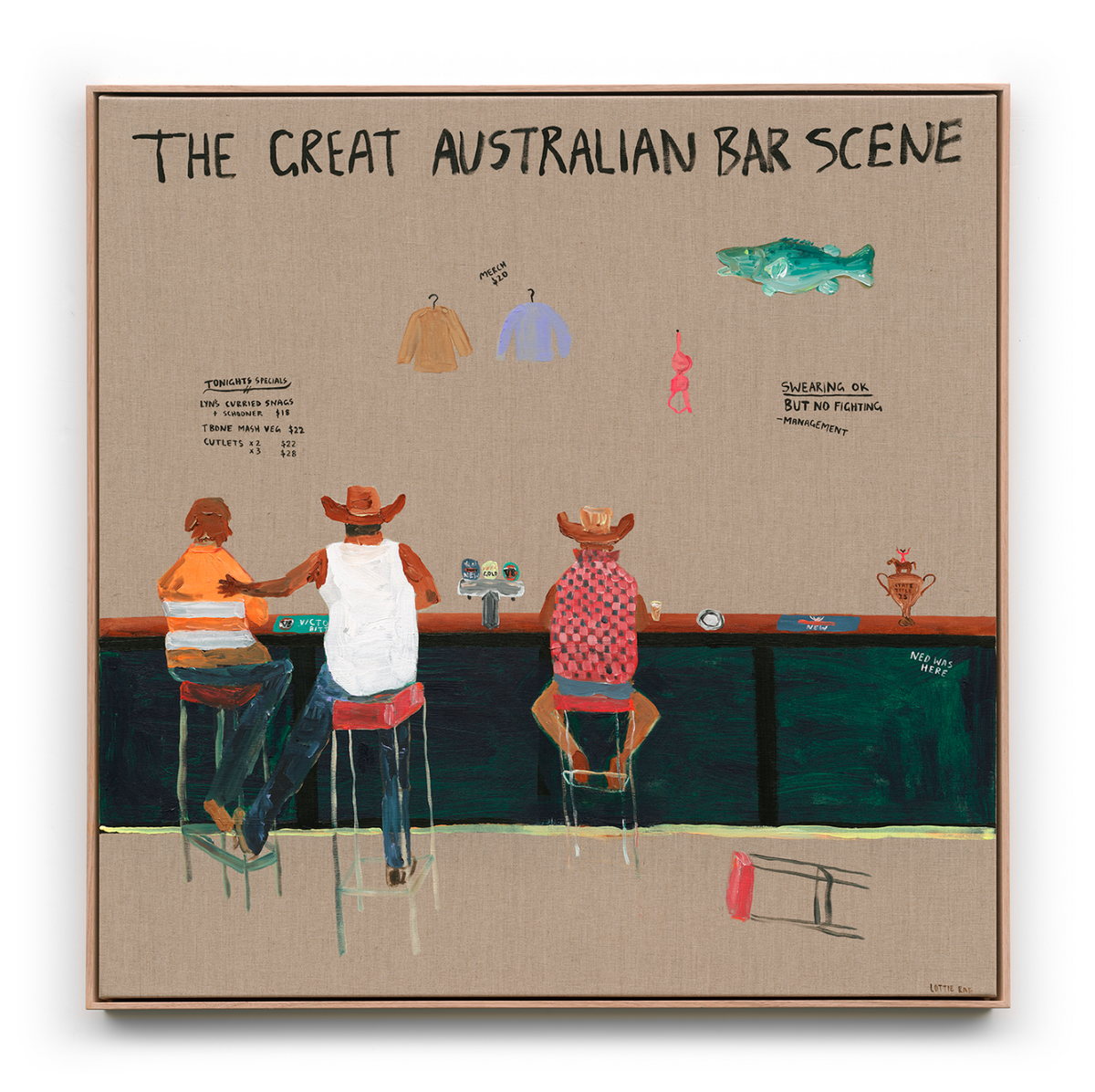 THE GREAT AUSTRALIAN BAR SCENE Print - Stretched and Framed in Oak